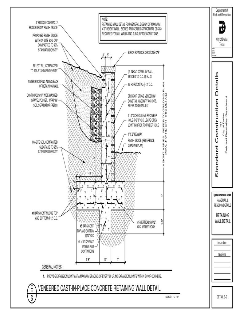 Veneered Cast-In-Place Concrete Retaining Wall Detail E 6 | PDF | Wall ...