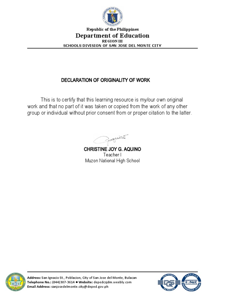 Aquino - Declaration of Originality of Work and Conveyance of Ownership ...