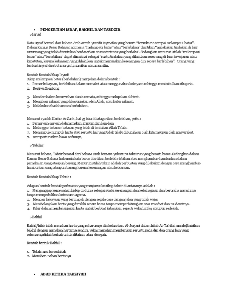 Pengertian Israf, Bakhil Dan Tabdzir | PDF
