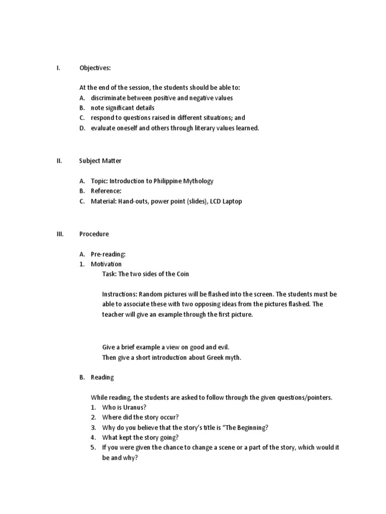 Semi Detailed Lesson Plan of Greek Mythology The Beginning | PDF ...