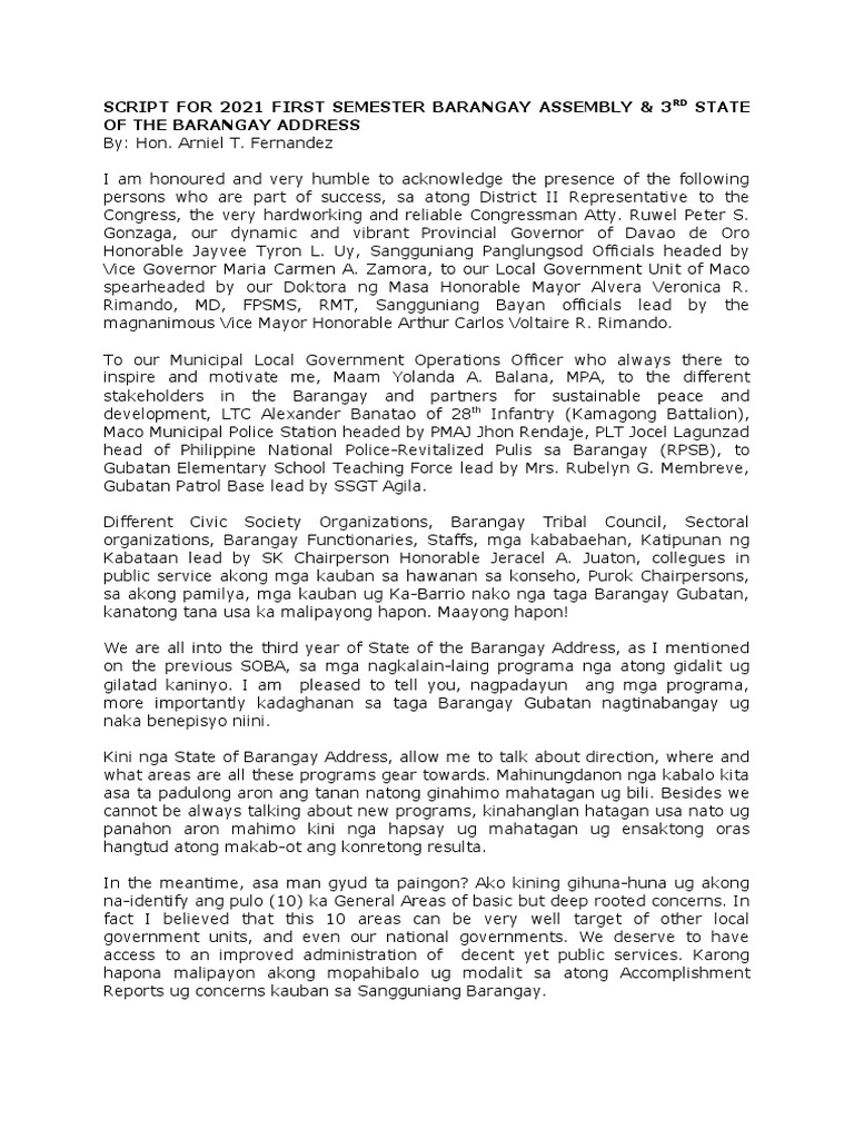 Script For 2021 First Semester Barangay Assembly | PDF