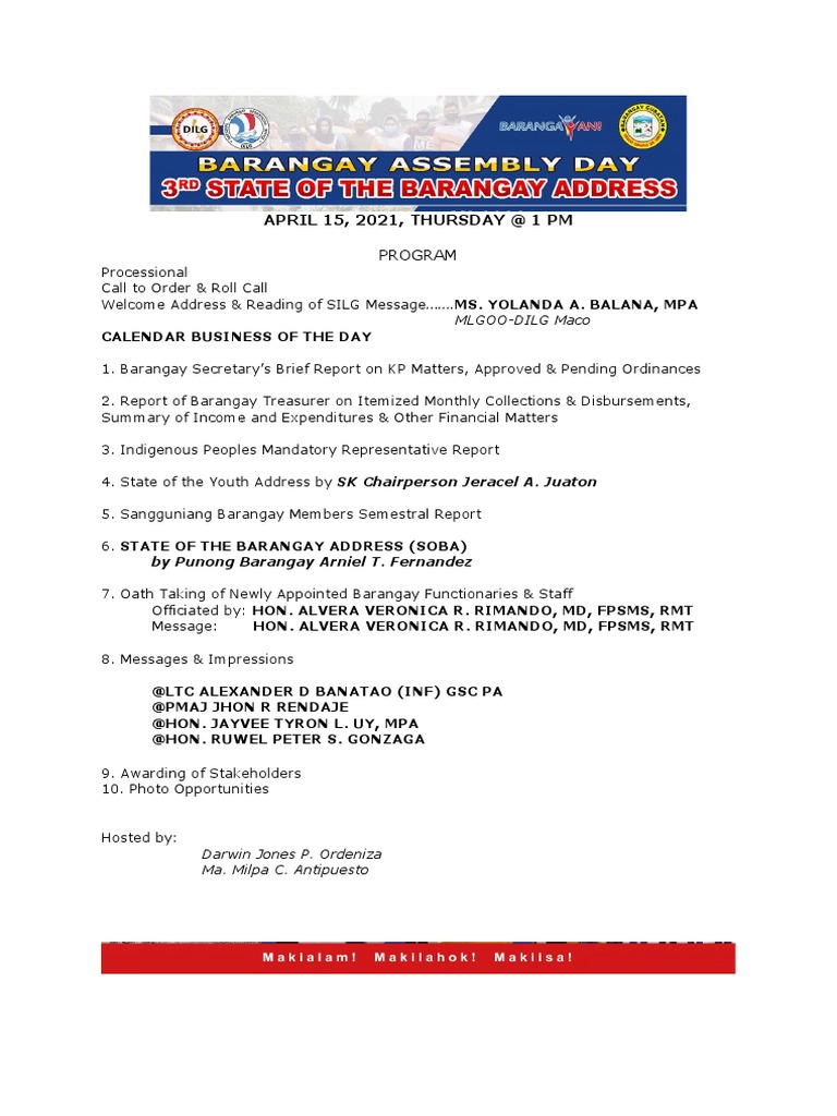 Program For 2021 Barangay Assembly | PDF