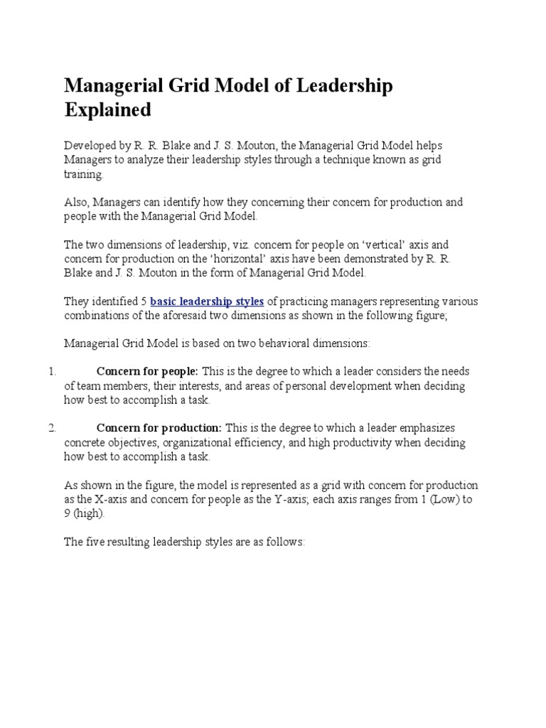 Managerial Grid Model of Leadership Explained | PDF | Leadership ...