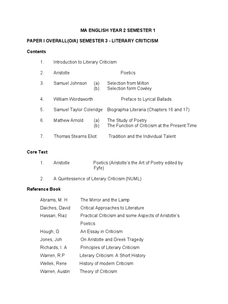 Ma English Year 2 Semester 1 Paper I Overall (O/A) Semester 3 ...