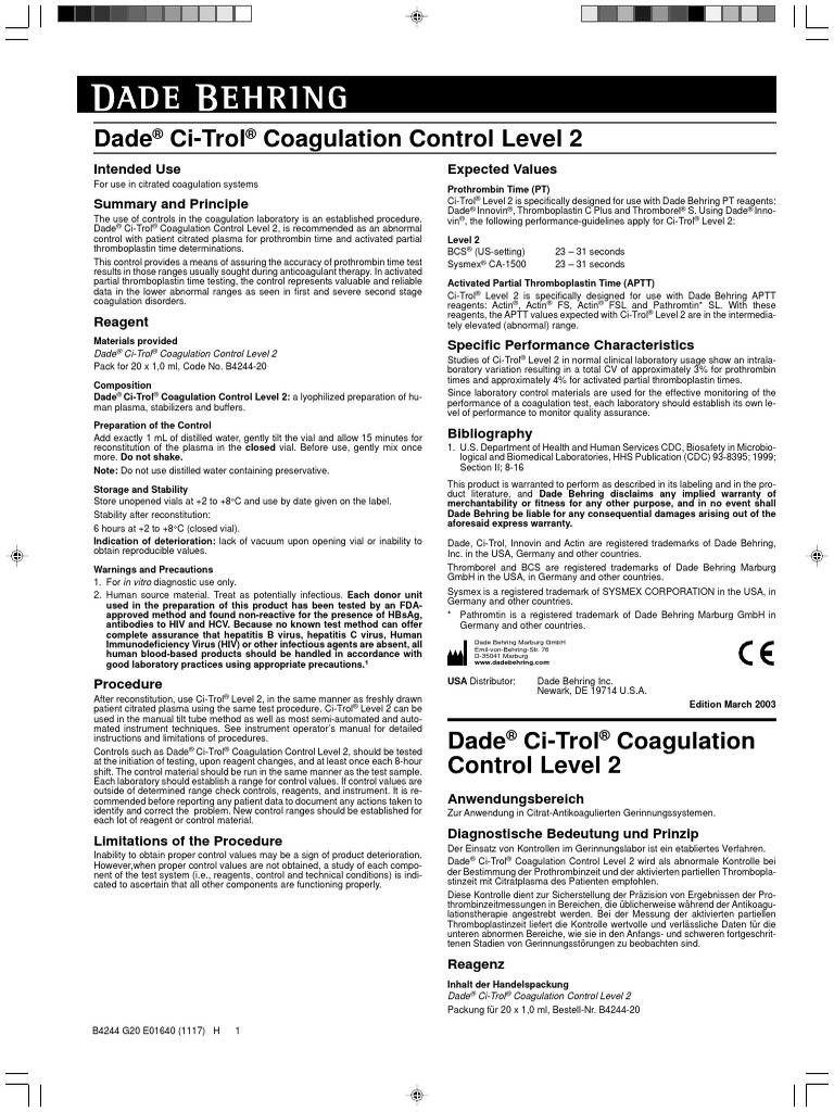 Dade Ci-Trol Coagulation Control Level 2 | PDF | Medical Specialties ...