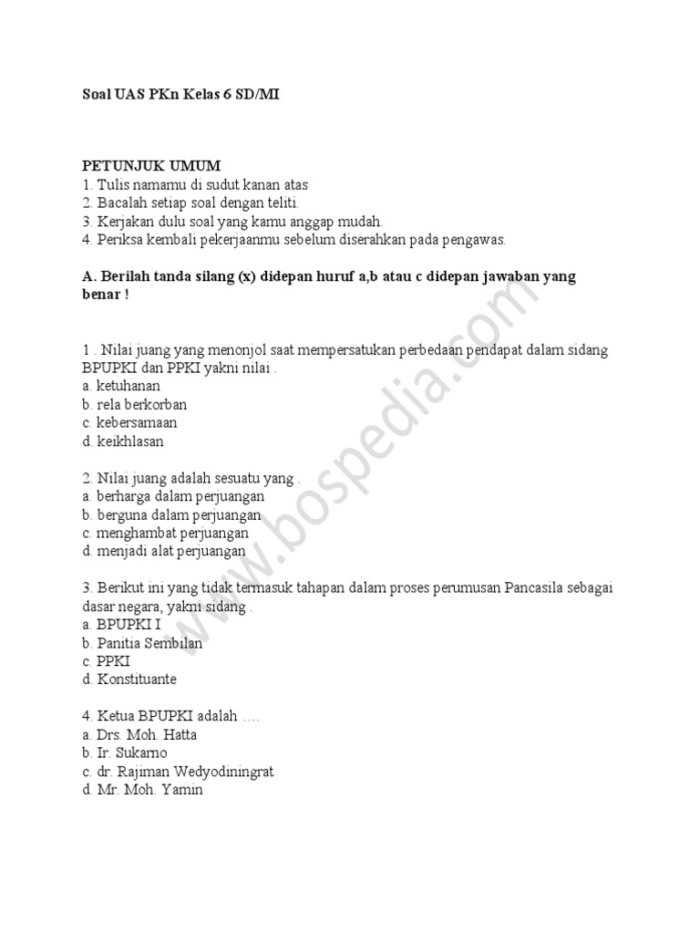 Soal UAS PKN Kelas 6 SD Dan Kunci Jawabnya | PDF