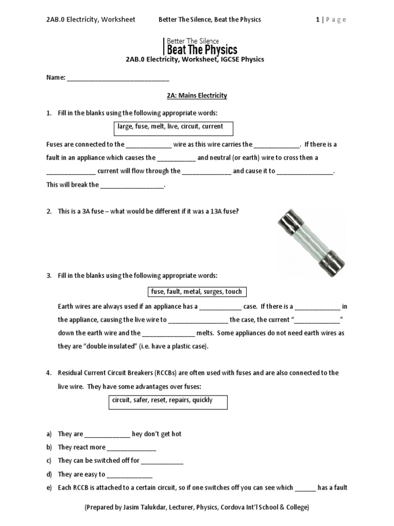 2AB.0 Electricity, Worksheet, IGCSE | PDF | Voltage | Fuse (Electrical)