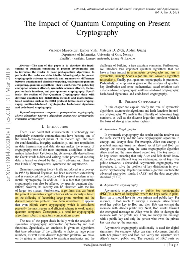 The Impact of Quantum Computing On Present Cryptography: Vasileios ...