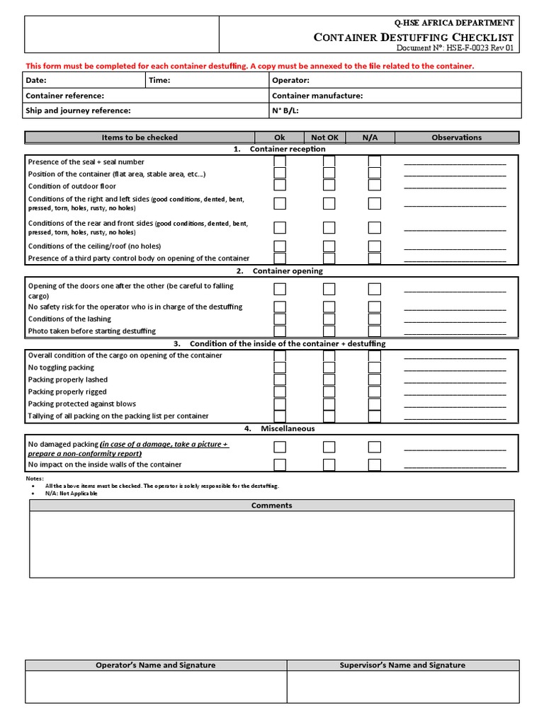 This Form Must Be Completed For Each Container Destuffing. A Copy Must ...