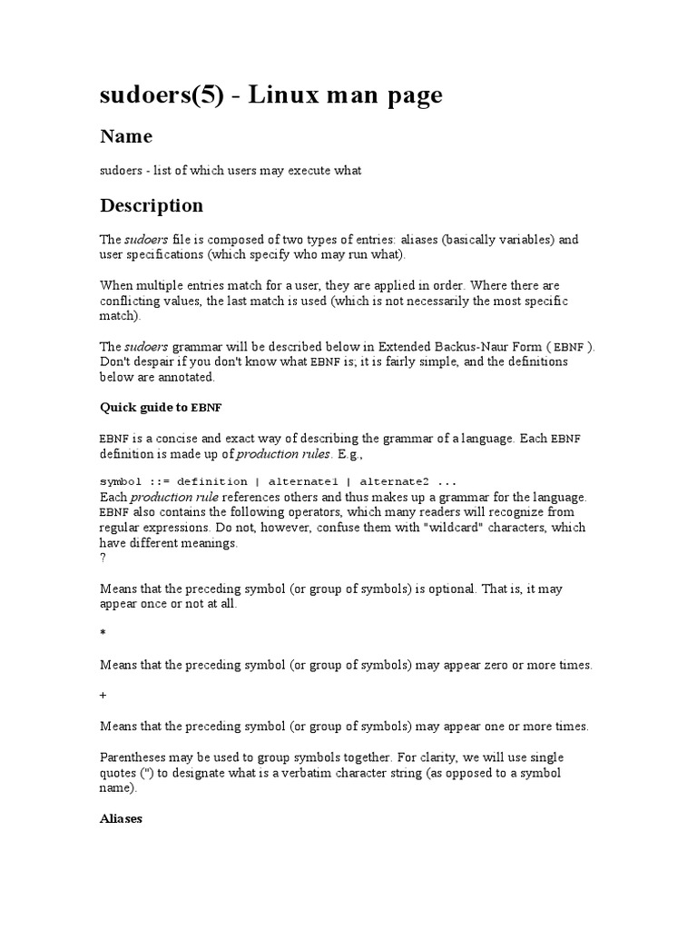 Sudoers (5) - Linux Man Page | PDF | Sudo | Superuser