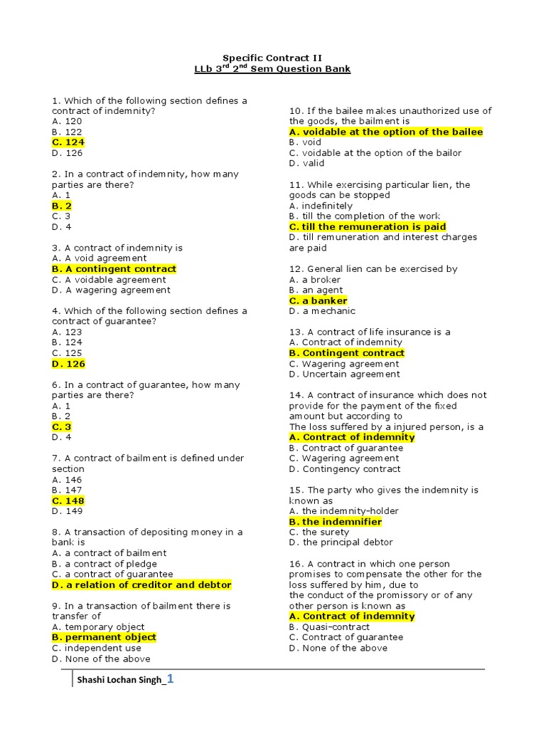 Specific Contract II Question Bank | PDF | Guarantee | Indemnity