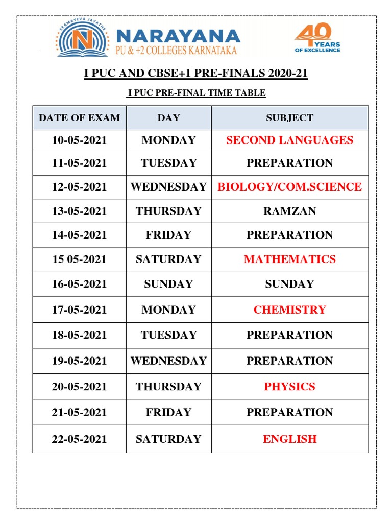 I PUC & CBSE+1 Pre-Final Timetable 2021 | PDF | Chemistry | Physical Sciences