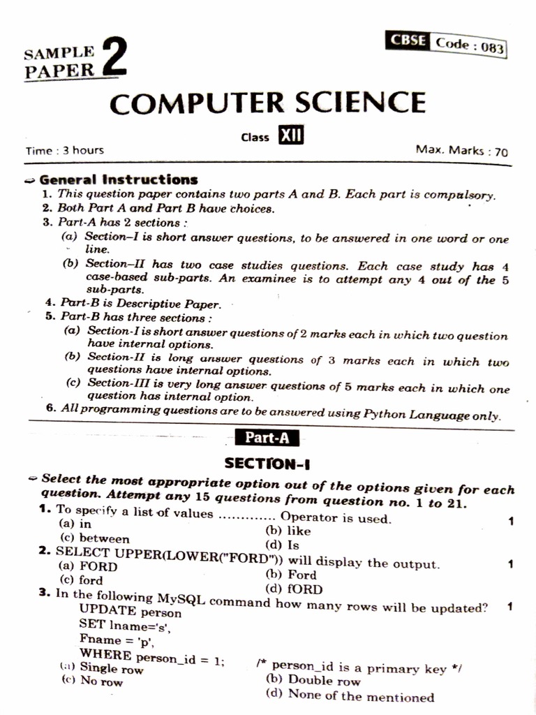 Analysis of a Computer Science Class XI Exam Question Paper Focusing on ...
