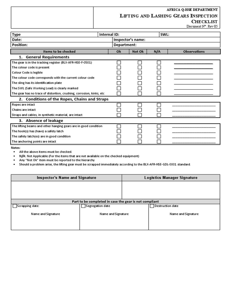 Lifting-Lashing Gear Inspection Checklist | PDF | Rope | Manufactured Goods