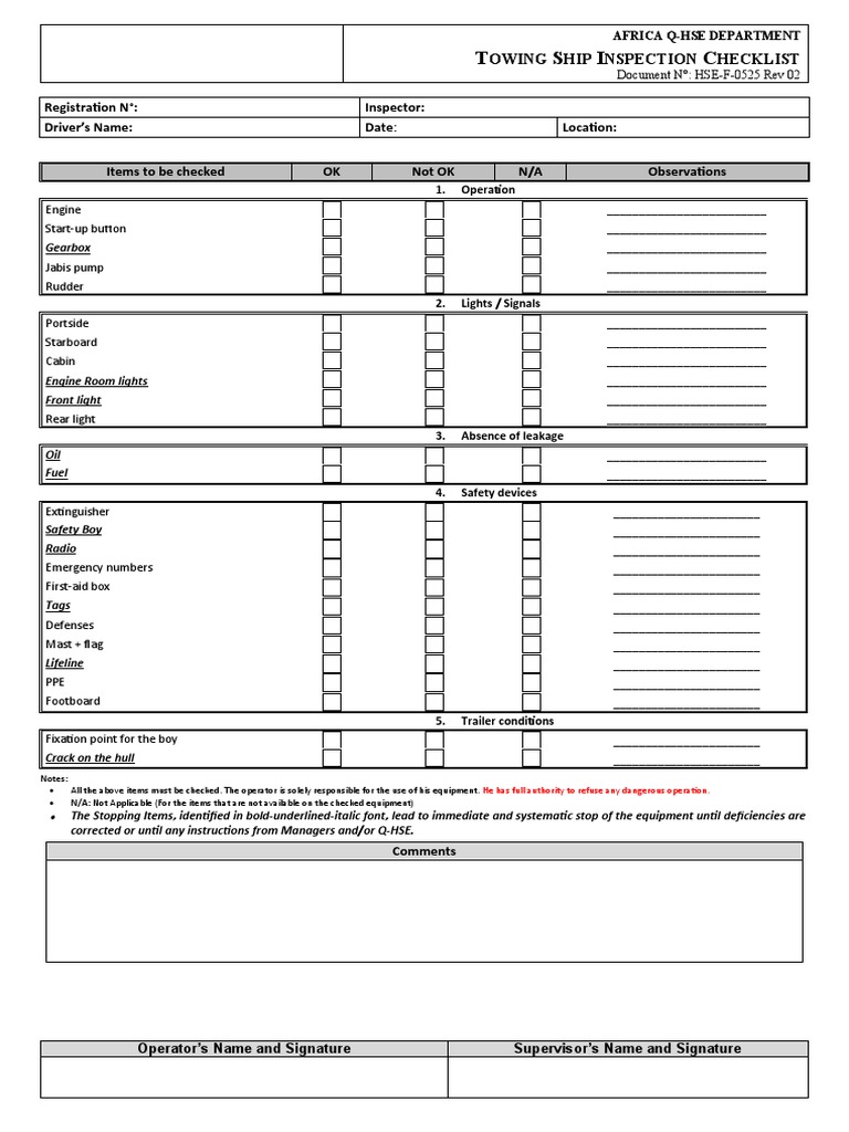 Towing Ship Inspection Checklist | PDF | Water Transport | Shipping
