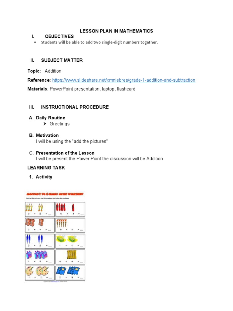 LESSON PLAN (Addition) | PDF