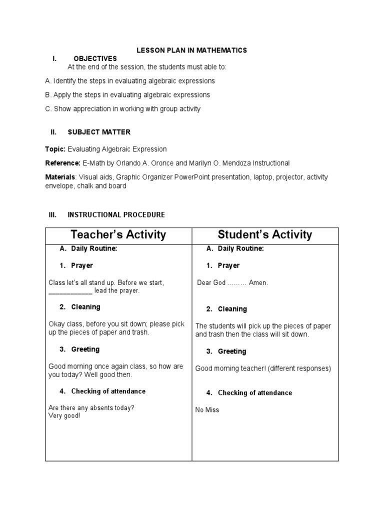Lesson Plan in Mathematics | PDF | Cognition | Teaching Mathematics