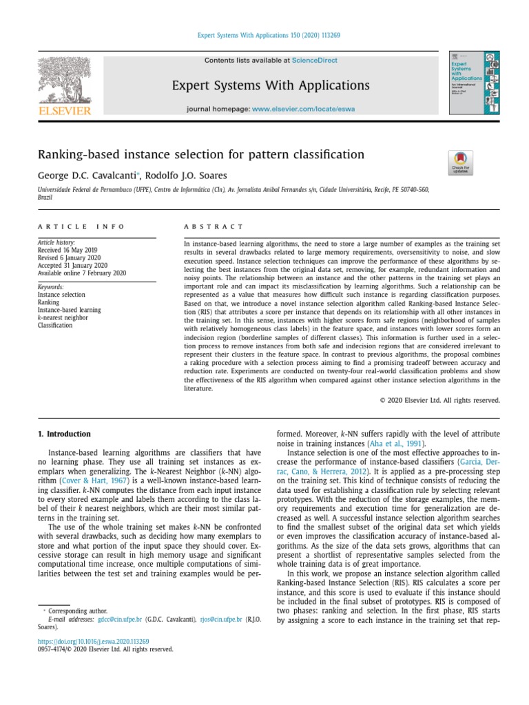 Ranking Based Instance Selection For Pattern Classification Pdf Statistical Classification 