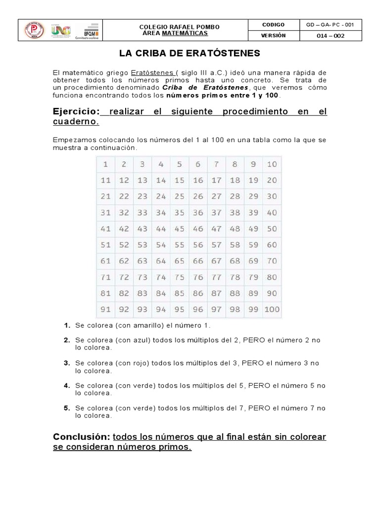 Criba de Eratóstenes: Números Primos 1-100 | PDF