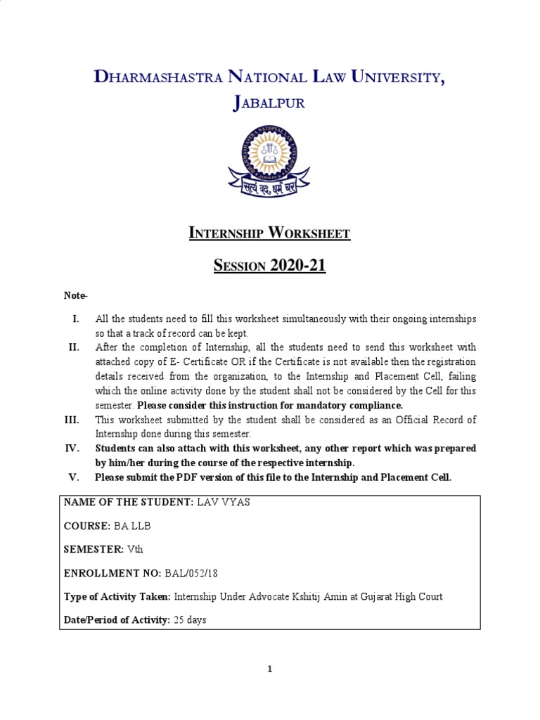 BAL - 052 - 18 Internship Worksheet | PDF | Advocate | Common Law