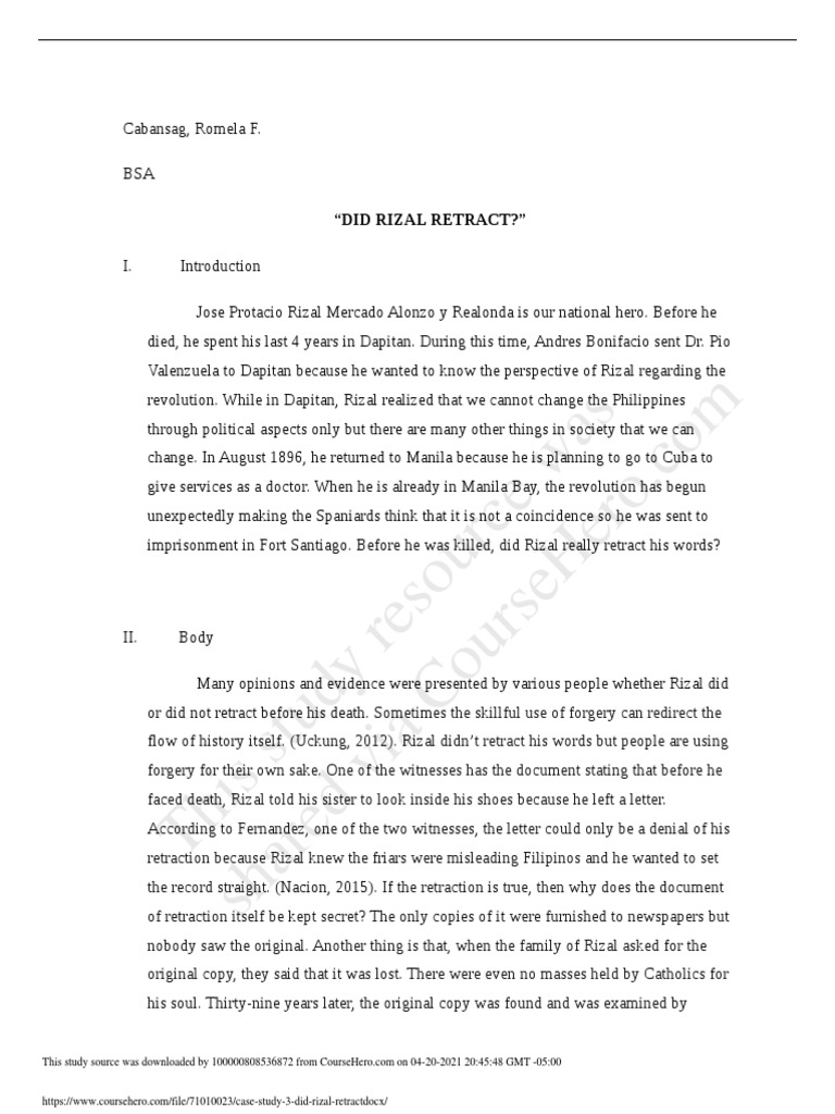 Case Study 3 Did Rizal Retract | PDF
