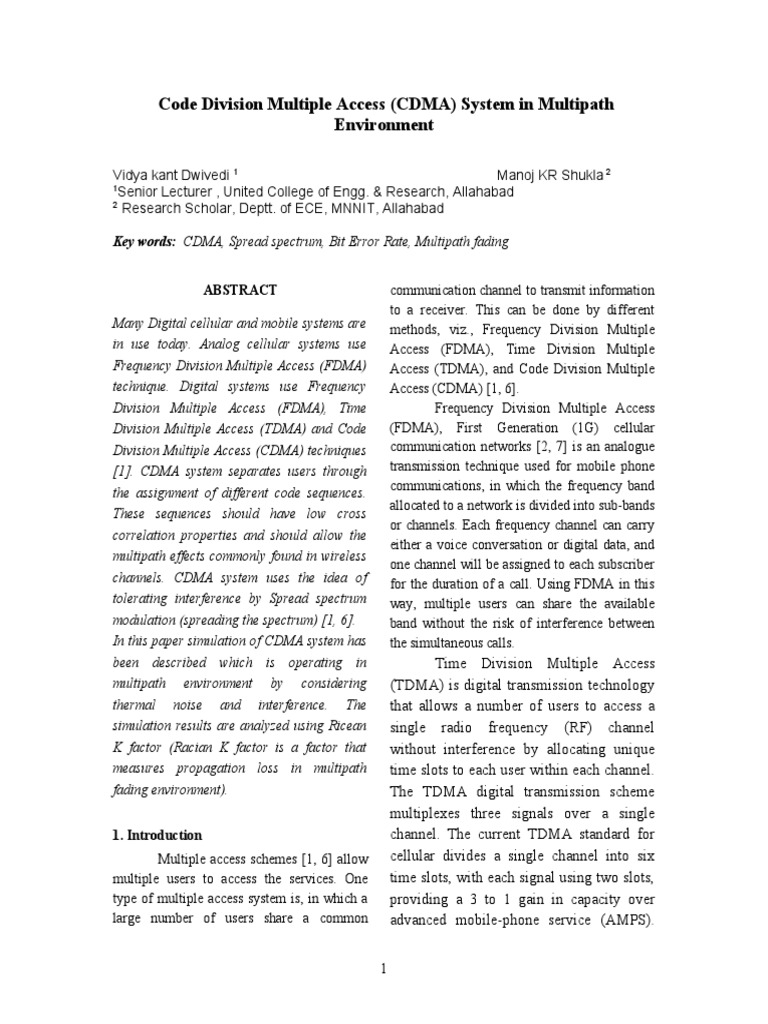 Code Division Multiple Access CDMA System in Multipath Environment | Download Free PDF | Channel ...