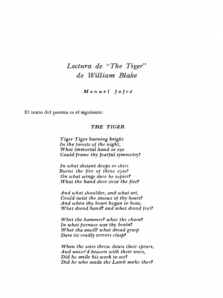 Lectura de The Tiger de William Blake | PDF | Percepción | Percepción ...