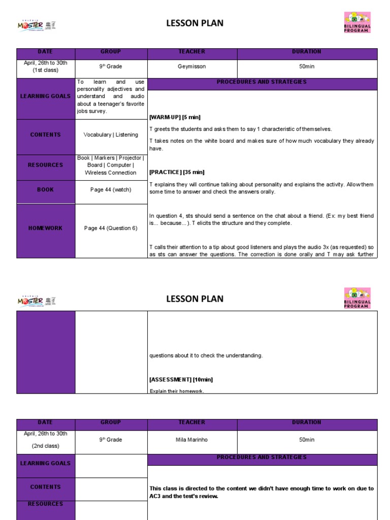 9th Grade Lesson Plans on Personality Adjectives and Wild Animals | PDF ...