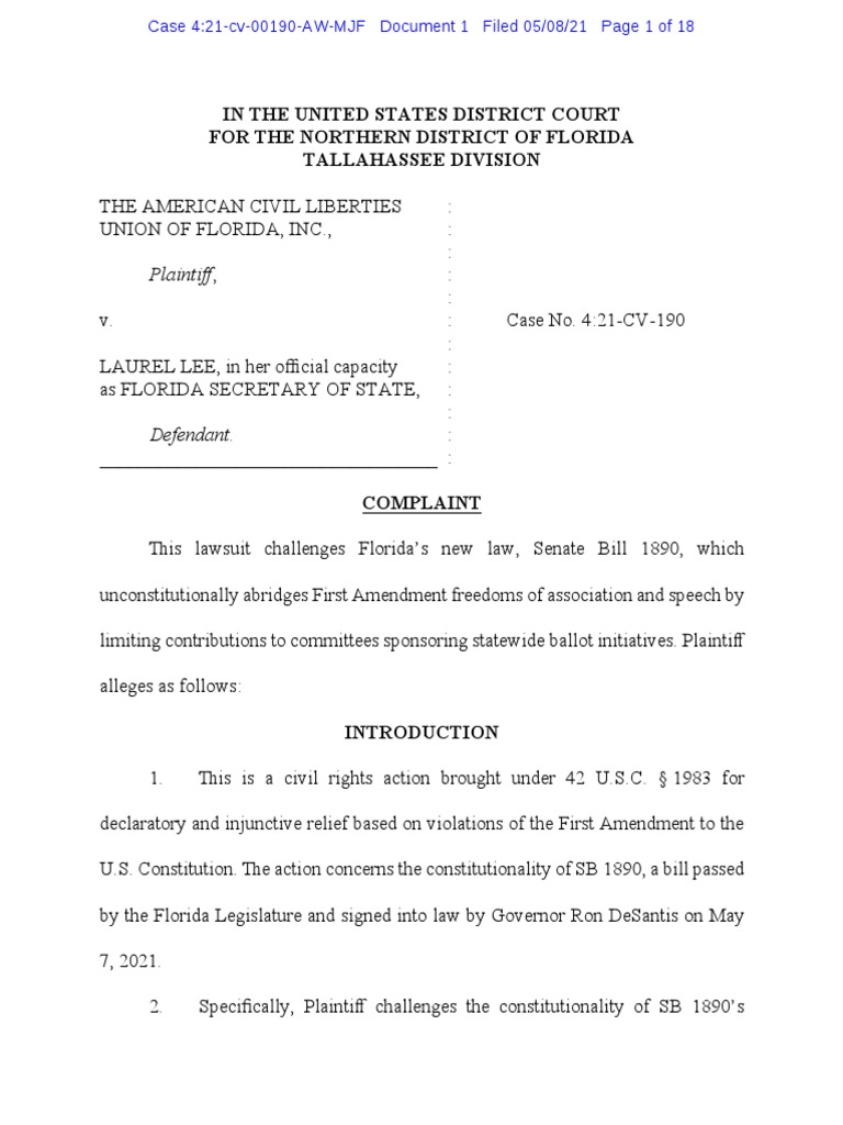 Aclu of Florida v. Lee Complaint | PDF | Initiative | First Amendment ...