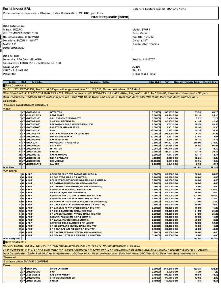 Eurial Invest SRL Istoric Reparatie (Intern) | PDF