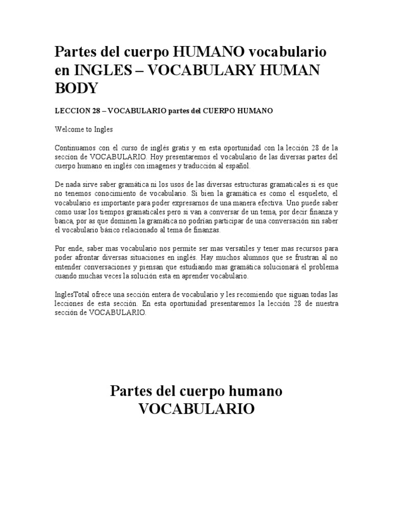 Partes Del Cuerpo Humano Vocabulario En Ingles Pdf Extremidades