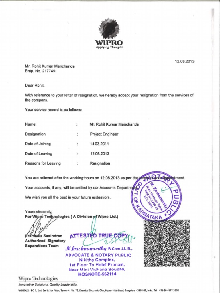 Wipro Relieving Letter Noterised | PDF