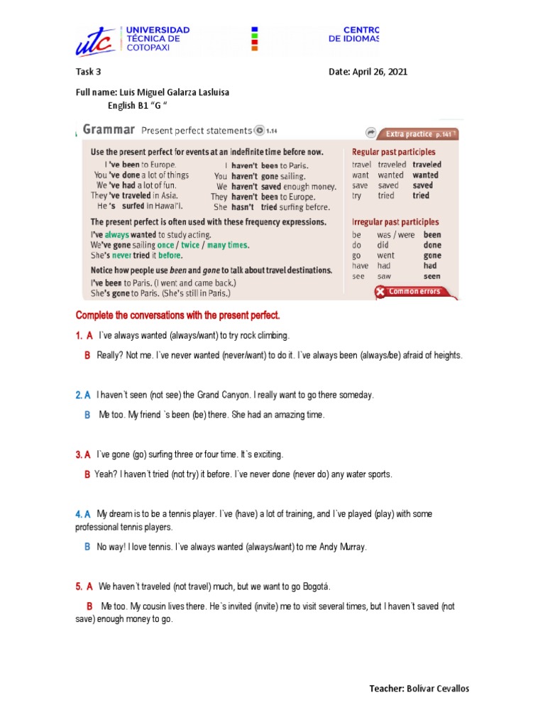 Present Perfect Conversation Practice | PDF | Language Arts ...