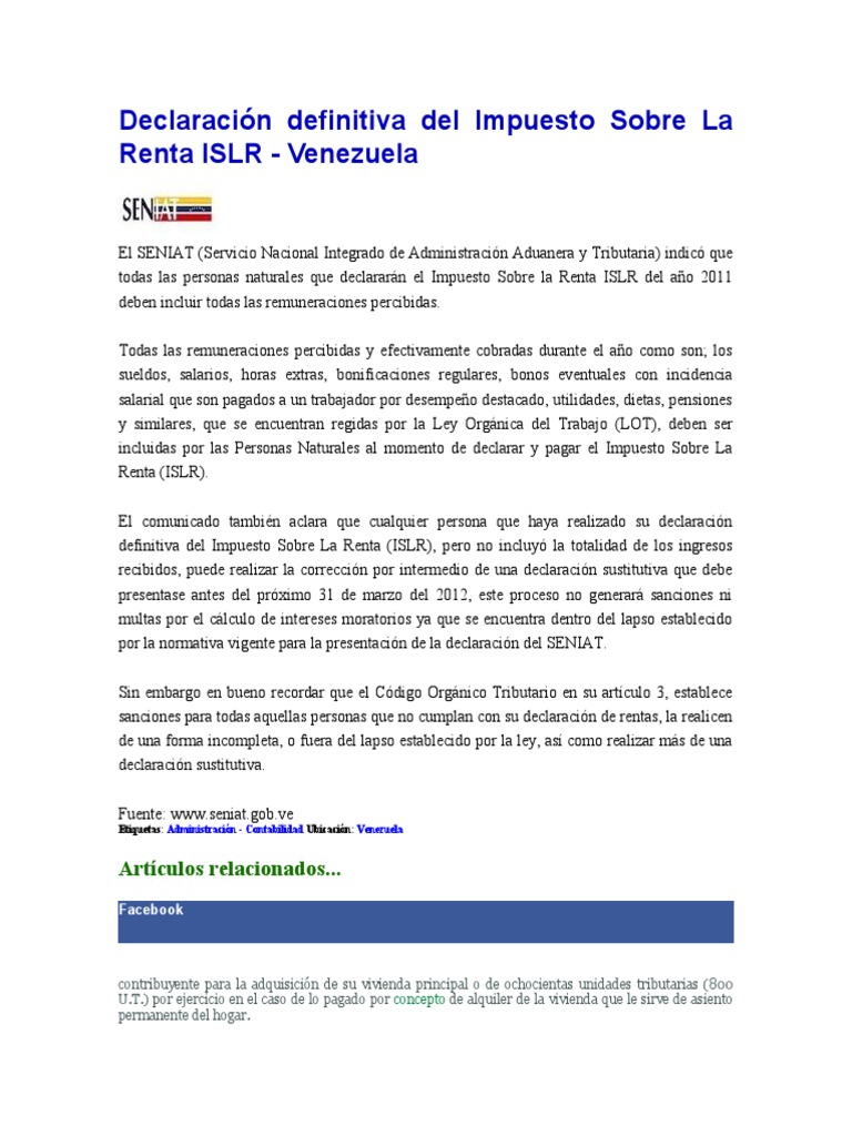 Declaración Definitiva Del Impuesto Sobre La Renta ISLR | PDF | Dividendo | Impuestos