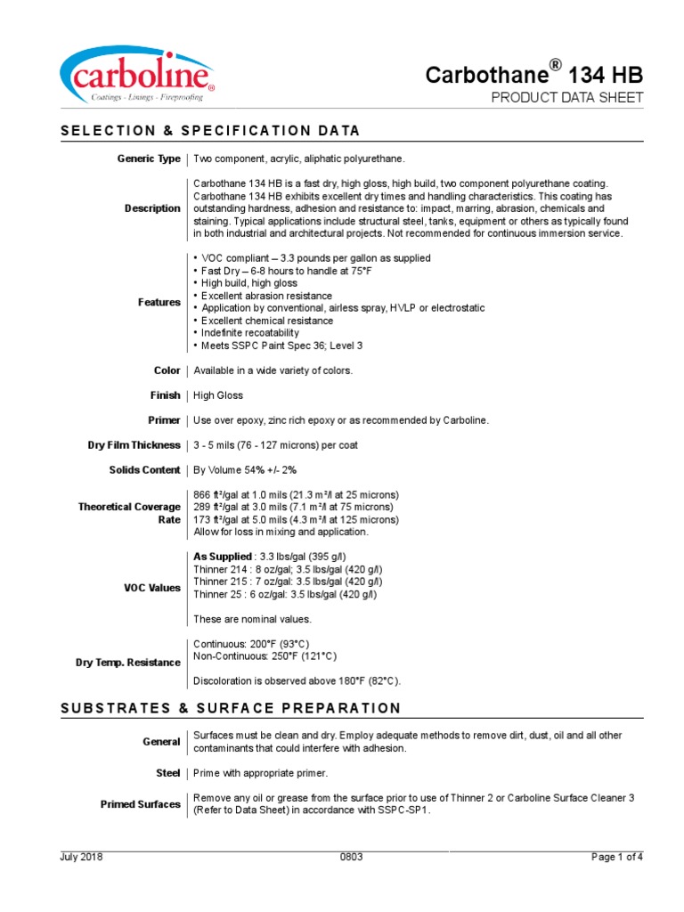 Carbothane 134 HB: Selection & Specification Data | PDF | Solvent ...