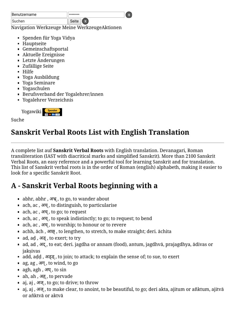 Sanskrit Verbal Roots List With English Translation - Yogawiki | PDF