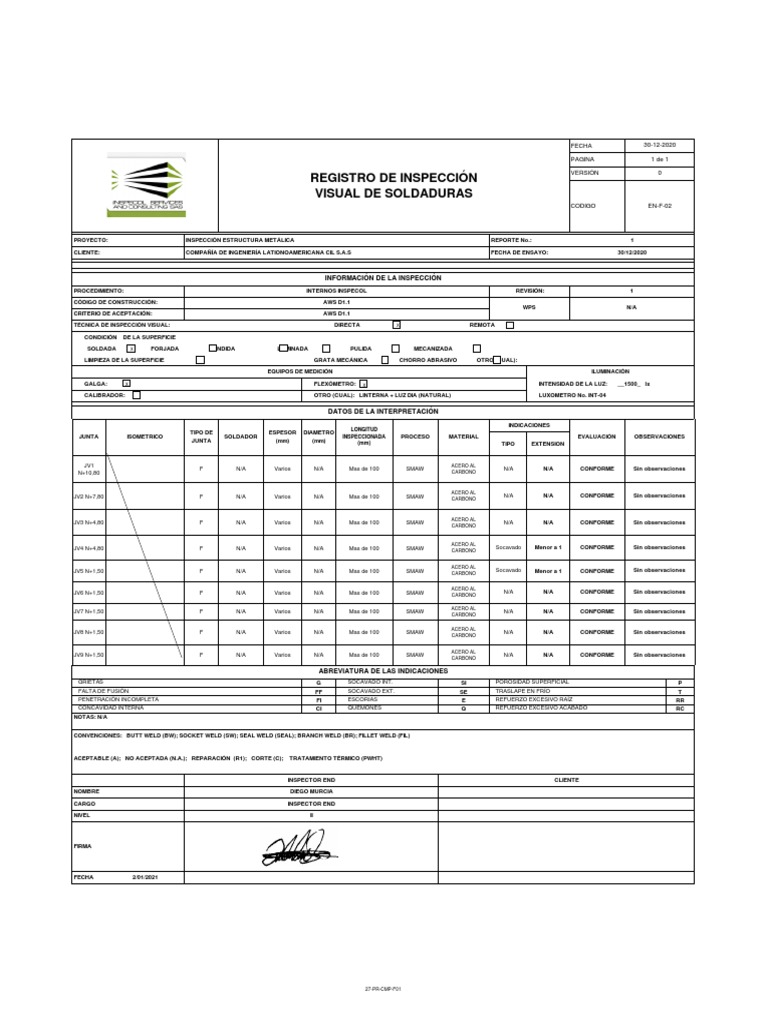 Registro de Inspección Visual de Soldaduras | PDF | Metales de ...