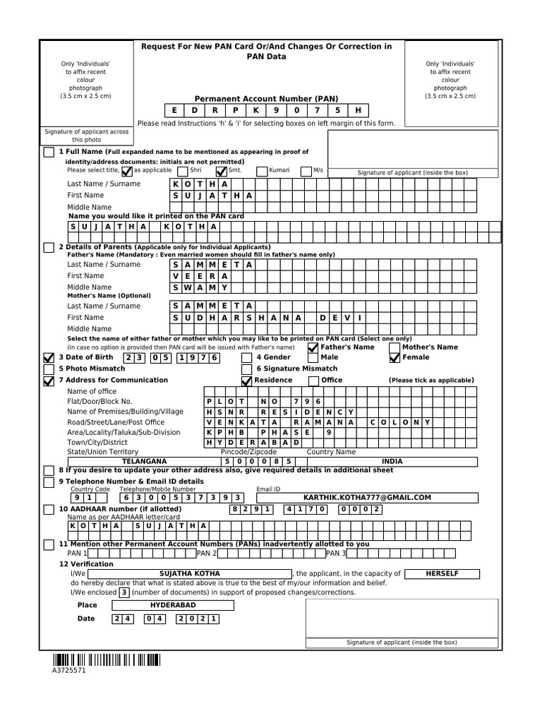 Request For New PAN Card Or/And Changes or Correction in PAN Data | PDF ...