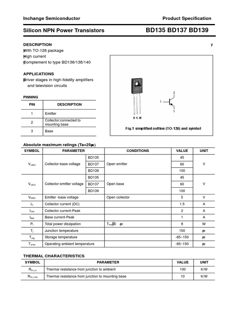 BD135 BD137 BD139: Silicon NPN Power Transistors | PDF | Bipolar ...