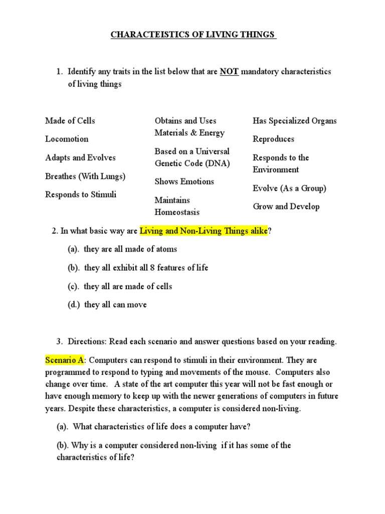 Characteristics Of Life Worksheet Pdf