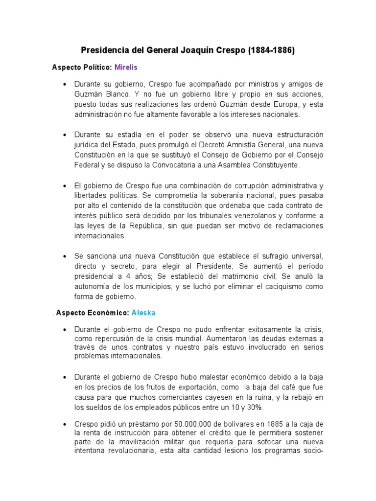 Gobierno de Joaquín Crespo (1884-1886) | PDF | Gobierno | Educación ...