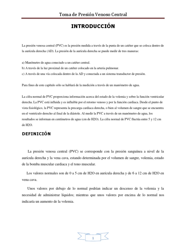 Medición de la presión venosa central (PVC): procedimiento, valores ...