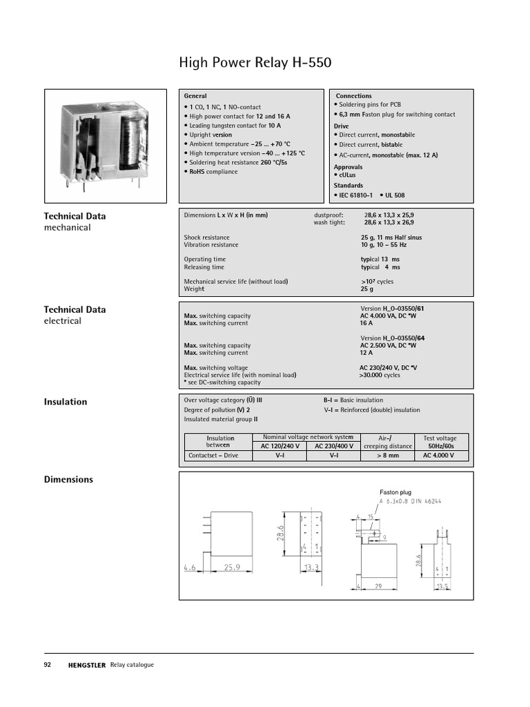 High Power Relay H-550: Technical Data | PDF | Relay | Direct Current