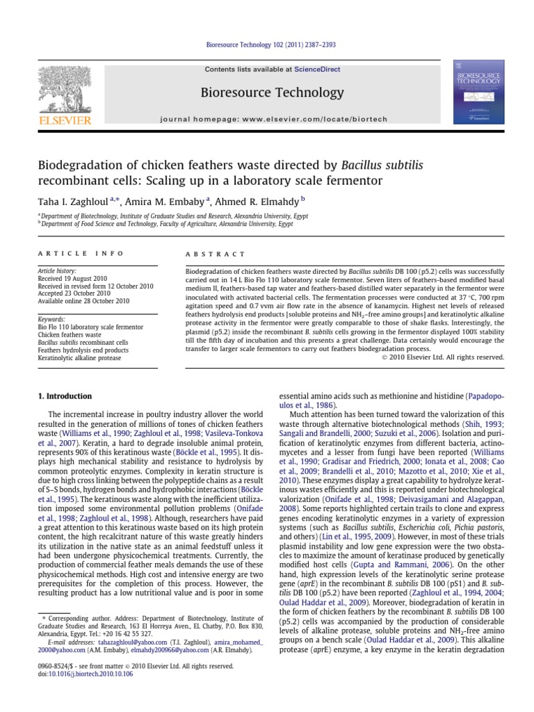 Biodegradation of Chicken Feathers Waste Directed by Bacillus Subtilis ...