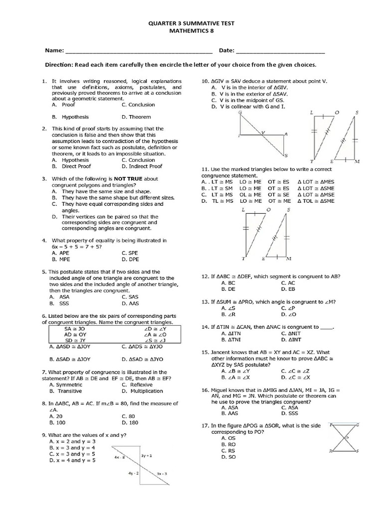 QUARTER 3 Summative Test (Math8) | PDF