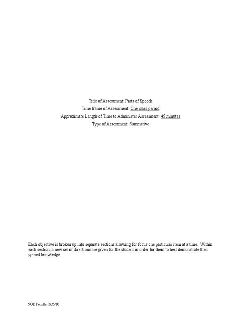 Parts of Speech Summative Assessment Blueprint Key | Download Free PDF ...