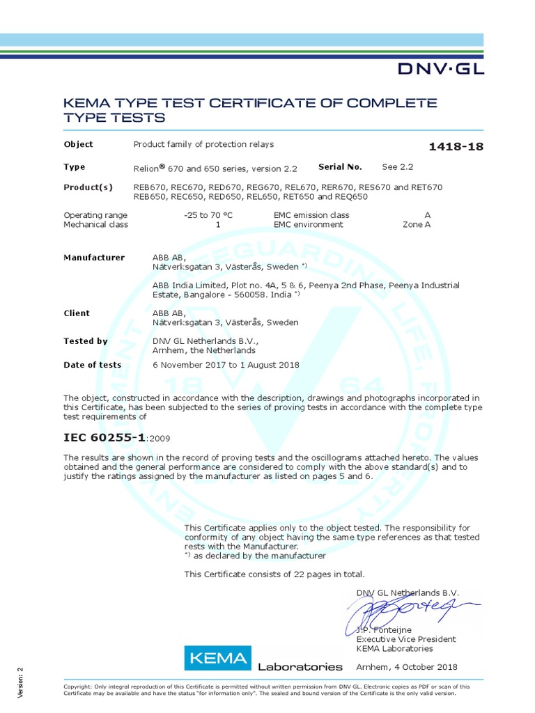 1MRG033422 A en KEMA Type Test Certificate of Complete Type Tests 670 ...