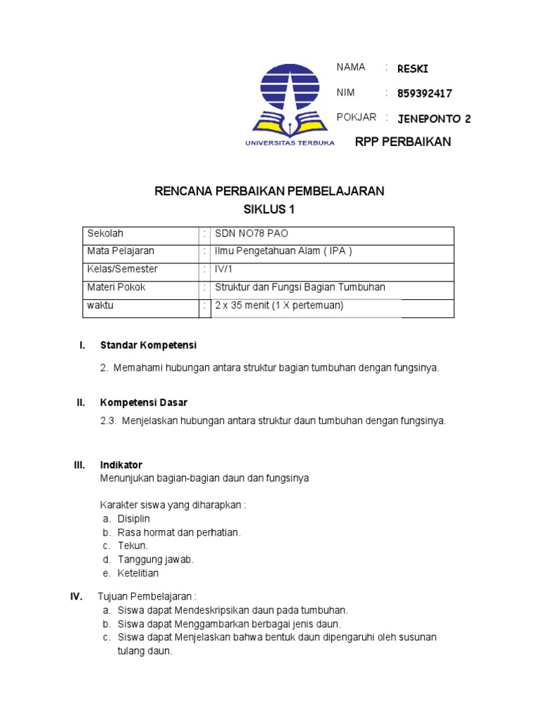 RPP IPA Kelas IV: Struktur Daun | PDF | Sains & Matematika