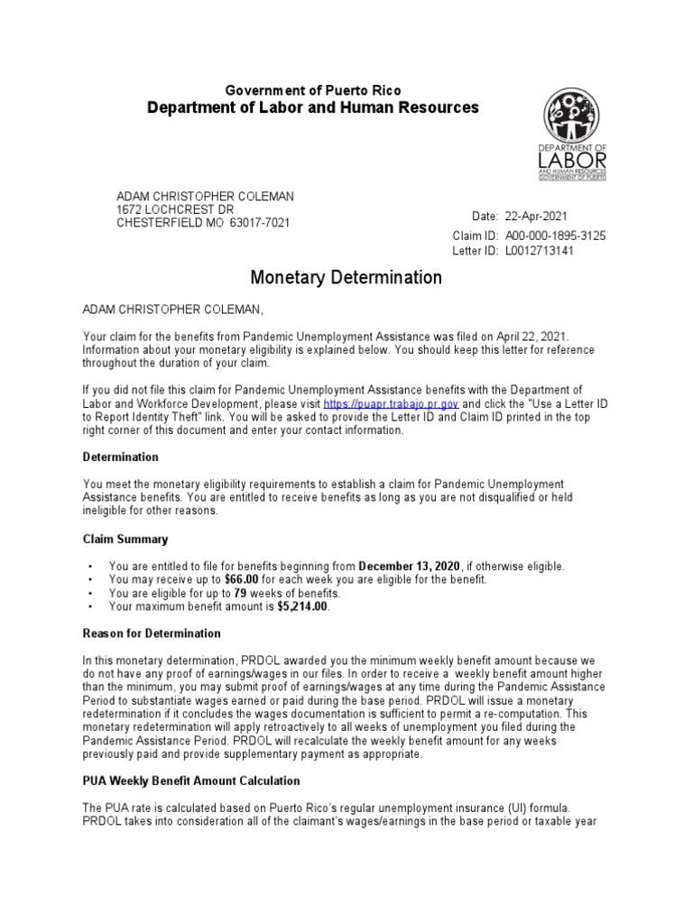 Monetary Determination: Department of Labor and Human Resources | PDF ...