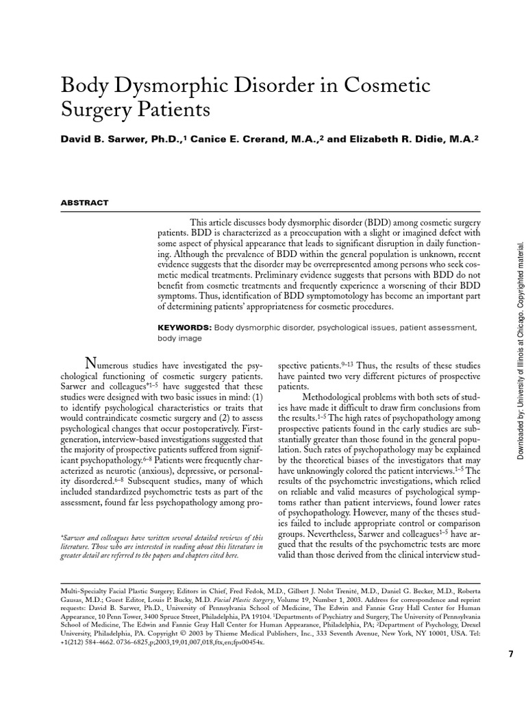 Body Dysmorphic Disorder in Surgery | PDF | Mental Disorder ...